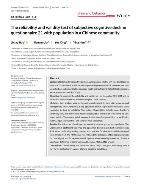 Pdf The Reliability And Validity Test Of Subjective Cognitive Decline Questionnaire 21 With