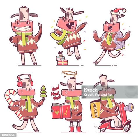 귀여운 크리스마스 황소 벡터 만화 캐릭터는 흰색 배경에 고립 설정 아이콘 세트에 대한 스톡 벡터 아트 및 기타 이미지 아이콘