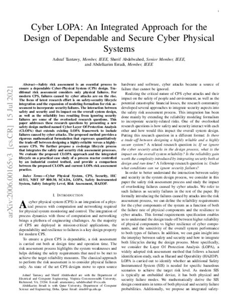 Pdf Cyber Lopa An Integrated Approach For The Design Of Dependable And Secure Cyber Physical