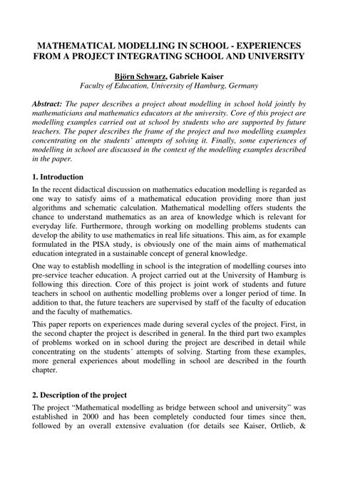 Pdf Mathematical Modelling In School Experiences From A Project