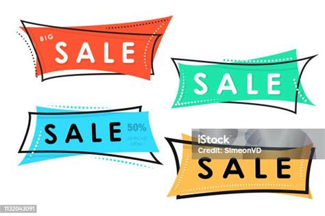 트 렌 디 한 판매 배너의 집합입니다 생생한 프로 모션 라벨 다채로운 모양 오렌지 블루 녹색과 붉은 색 고립 된 벡터 라벨에 대한 스톡 벡터 아트 및 기타 이미지 Istock