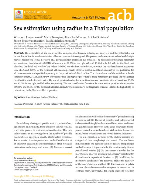 Pdf Sex Estimation Using Radius In A Thai Population