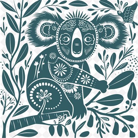 Premium Psd Png Koala Folk Art With Eucalyptus Leaves And Aussie Patterns Fo Illustration