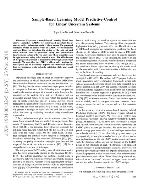 Pdf Sample Based Learning Model Predictive Control For Linear Uncertain Systems