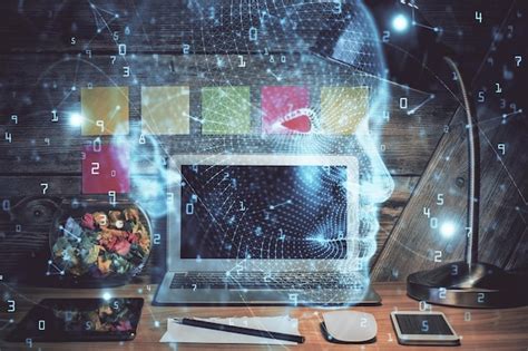 데스크 컴퓨터와 인간의 뇌의 이중 노출 그림 홀로그램 Ai 개념 프리미엄 사진