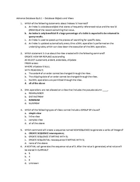 Advance Database Quiz 1 Advance Database Quiz 1 Database Objects