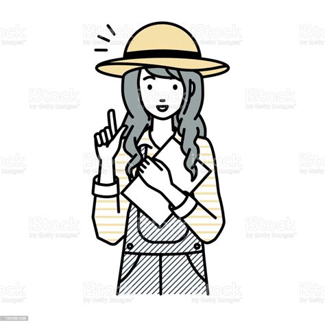 포인팅 핸드 제스처로 서있는 아이디어를 얻는 농부 여성 가리키기에 대한 스톡 벡터 아트 및 기타 이미지 가리키기 노랑