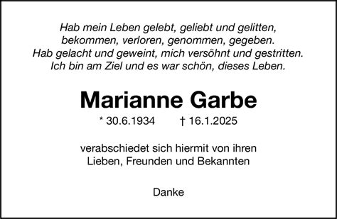 Traueranzeigen Von Marianne Garbe Trauernnde
