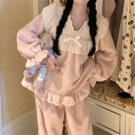 오로니 프릴 레이스 극세사 부들이 수면 잠옷 투피스 겨울 우정 커플 공주 파자마 파티 수면바지