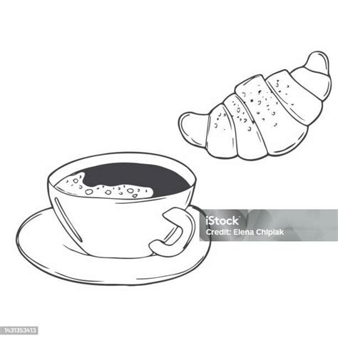 패스트 푸드 커피와 크로와상 조각 래스터 일러스트레이션 스크래치 보드 스타일 모방 흑백 손으로 그린 이미지 0명에 대한 스톡 벡터 아트 및 기타 이미지 Istock