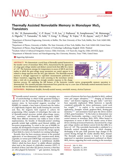 Pdf Thermally Assisted Nonvolatile Memory In Monolayer Mos2 Transistors