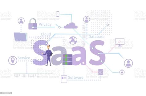 Saas 소프트웨어 서비스의 개념입니다 컴퓨터 모바일 장치 코드 응용 프로그램 서버 및 데이터베이스에 클라우드 소프트웨어 평면 스타일 흰색 절연에 벡터 그림 클라우드
