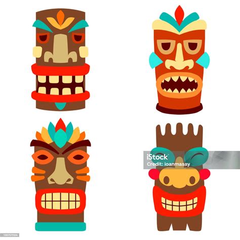 흰색 배경에 고립 된 평평한 스타일의 티키 마스크의 일러스트 레이션 세트 라벨 기호 엠블럼 포스터용 디자인 요소 벡터 일러스트레이션 0명에 대한 스톡 벡터 아트 및 기타