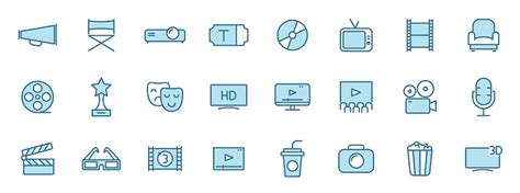 흰색 배경에 격리된 두 색상의 시네마 선형 벡터 아이콘입니다 웹 디자인 Ui 모바일 앱 및 인쇄를 위한 시네마 및 영화 블루 아이콘 세트 3차원 형태에 대한 스톡 벡터 아트