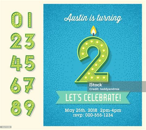 레트로 생일 파티 초대장 전구의 완전 한 세트와 함께 숫자를 표시 합니다 편집 하 게 쉬운 2에 대한 스톡 벡터 아트 및 기타 이미지 Istock