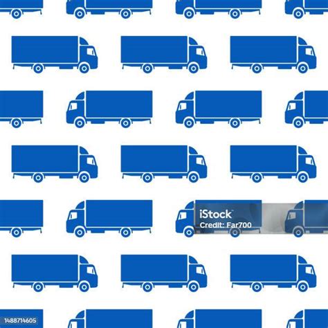 파란색 트럭은 흰색 배경에 격리되어 있습니다 측면도 모노크롬 이음매 없는 패턴 벡터 간단한 평면 그래픽 그림입니다 텍스처 교통수단에 대한 스톡 벡터 아트 및 기타 이미지