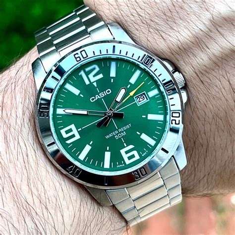 Casio Homme Mtp Vd01d 3bv Élégante Acier Vert Résistante Étanche Aiguille De Luxe