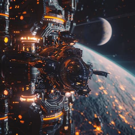 Futuristic Space Station Orbiting Planet Premium Ai Generated Image