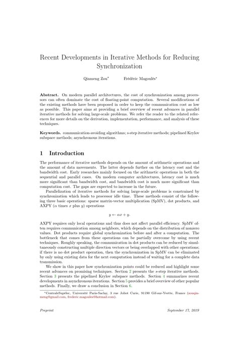Pdf Recent Developments In Iterative Methods For Reducing Synchronization