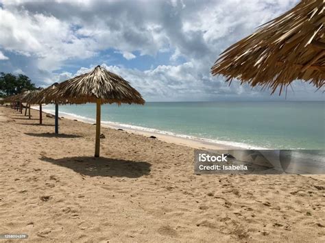 쿠바의 카리브 해 섬에 여행 목적지 같은 꿈의 수평 파노라마 그것의 하얀 모래 해변 자연 우산 활기찬 청록색 바다와 맑은 푸른 하늘 플라야 Ancon 0명에 대한 스톡 사진