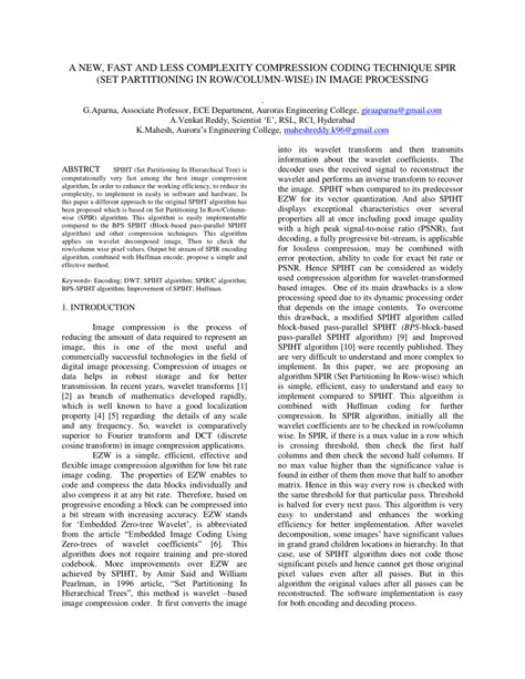 Pdf A New Fast And Less Complexity Compression Coding Technique Spir Set Partitioning In Row