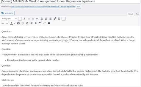 Solved Math225n Week 8 Assignment Linear Regression Equations