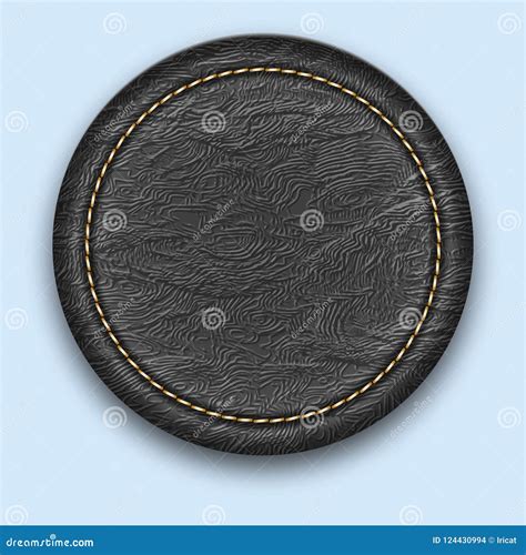 Round Leather Stitched Label Realistic Black Tag Stock Vector