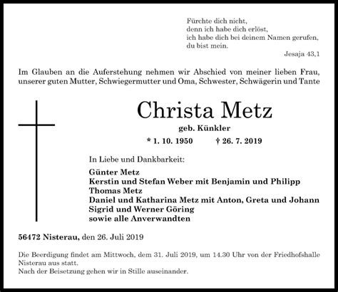 Traueranzeigen Von Christa Metz Rz Trauerde