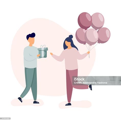 사랑에 빠진 남자는 생일을 축하하기 위해 풍선 선물 상자를 들고 서 있는 여자를 준다 발렌타인 데이 개념입니다 개념에 대한 스톡 벡터 아트 및 기타 이미지 Istock
