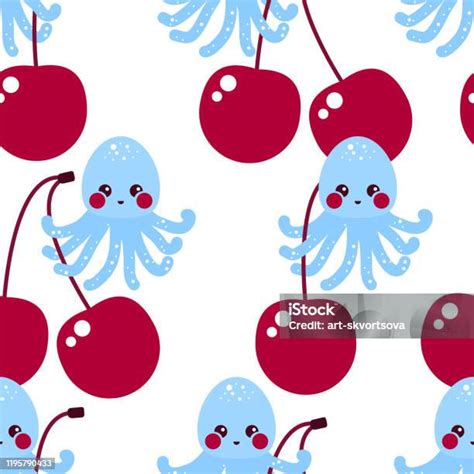 귀여운 아기 아이 문어와 체리와 원활한 패턴 귀여운 만화 문어 모티프 벡터 그림입니다 문어와 벚꽃여름 배경 가공의 인물에 대한 스톡 벡터 아트 및 기타 이미지 Istock