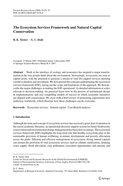 Pdf The Ecosystem Services Framework And Natural Capital Conservation
