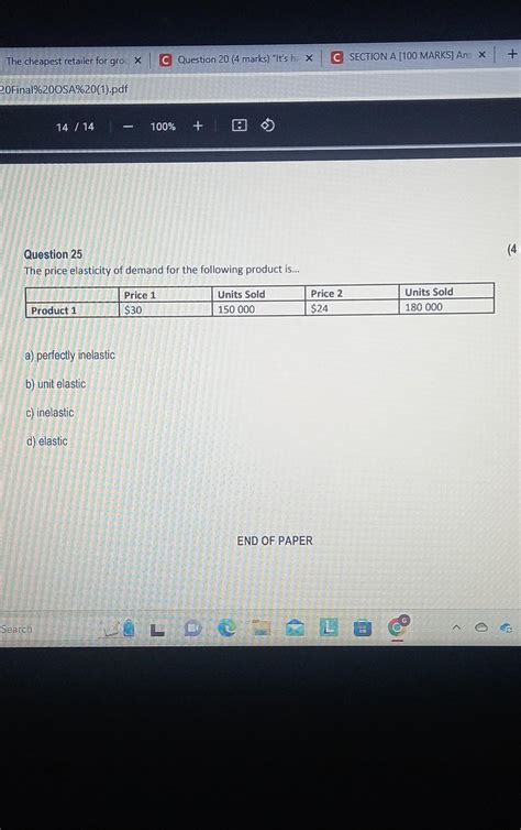 Solved Question The Price Elasticity Of Demand For The Chegg