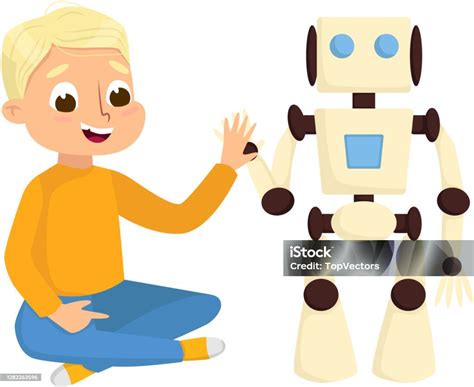 스마트 로봇 전자 교육 하이테크 하드웨어 공학 만화 스타일 벡터 일러스트와 함께 재생 소년 로봇에 대한 스톡 벡터 아트 및 기타