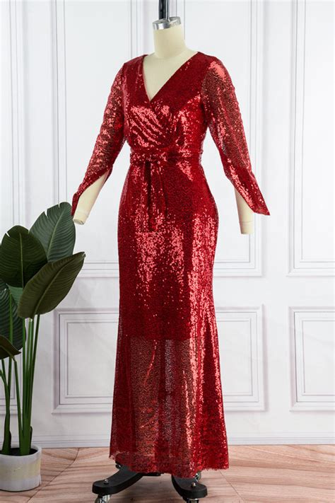 Wholesale Red Elegant Solid Bandage Sequins Patchwork V Neck Evening