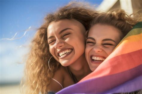 Premium Ai Image Happy Lesbian Couple Celebrating On The Beach At