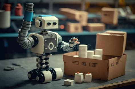 Chatbot Robot Operating In The Factory Assembling Products From Parts