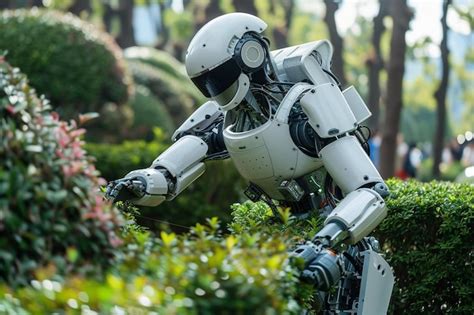 Premium Photo A Robot Gardener Trimming Hedges In A Park Ar Generative Ai