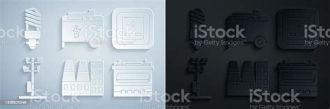 발전소 공장 및 공장 전기 콘센트 고전압 전신주 라인 자동차 배터리 휴대용 전기 발전기 및 Led 전구 아이콘을 설정합니다 벡터 0명에 대한 스톡 벡터 아트 및 기타 이미지