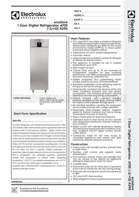 Electrolux 727992 Data Sheet
