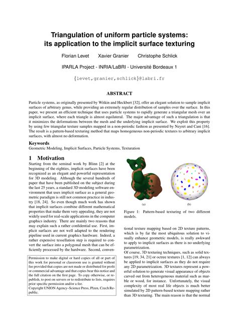 Pdf Triangulation Of Uniform Particle Systems Its Application To The Implicit Surface Texturing