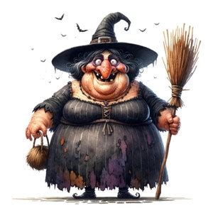 Funny Fat Old Witch Clipart Witchy Watercolor Bundle Digital Download For Scrapbooking And