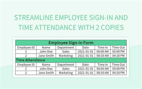 Streamline Employee Sign In And Time Attendance With 2 Copies Excel Template Free Download