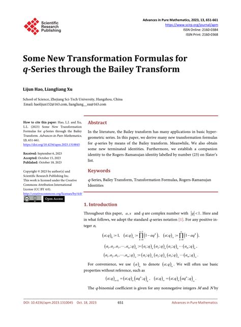 Pdf Some New Transformation Formulas For Q Series Through The Bailey Transform