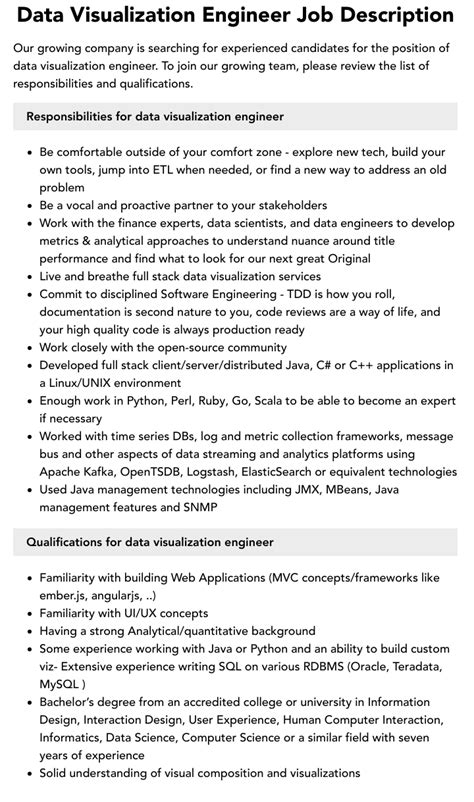 Data Visualization Engineer Job Description Velvet Jobs