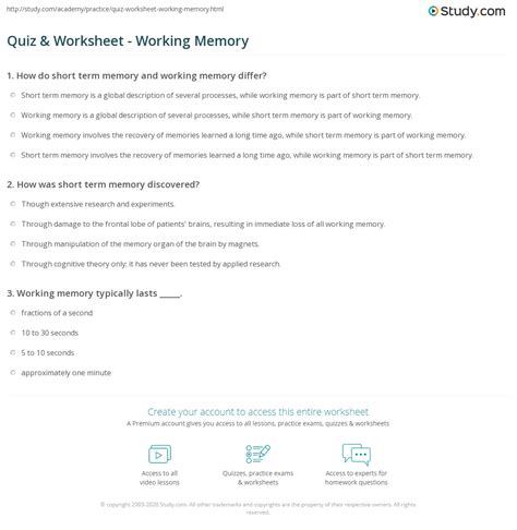 quiz and worksheet working memory