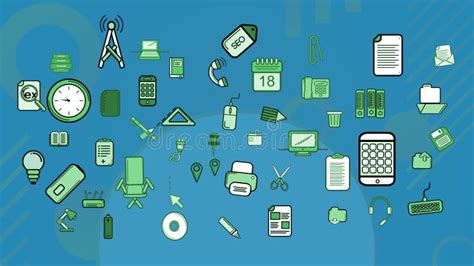 Animation Of Multiple Digital Icons Over Abstract Shapes Against Blue Background Stock Video