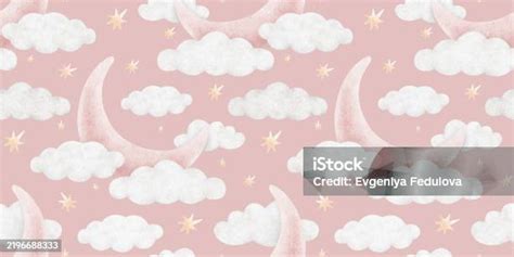 분홍색 초승달 구름과 별 통하고 있는 분홍색 배경 통하고 있는 여자를 대한 수채화 보육 완벽 한 표면 패턴 디자인 귀여운 베이비 프린트 아동 용품 옷 섬유 침대 린넨 벽지