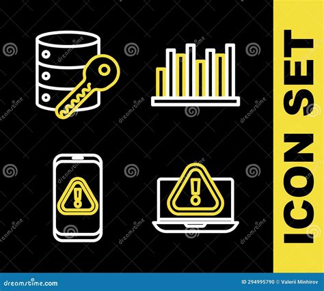 Set Line Pie Chart Infographic Laptop With Exclamation Mark Mobile And Server Security Key
