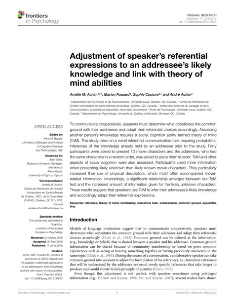 Pdf Adjustment Of Speakers Referential Expressions To An Addressees
