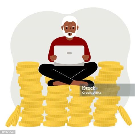 한 노인이 금화 더미에 앉아 노트북을 사용합니다 한 노인이 동전 더미에서 일합니다 경영자에 대한 스톡 벡터 아트 및 기타 이미지 경영자 금융 남자 Istock